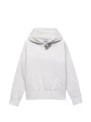 Prada Cotton Fleece Hoodie With Jewel Brooch - Grey