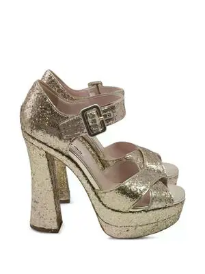 Miu Miu Glitter Platform Block Heel Mary Jane Sandals - Gold