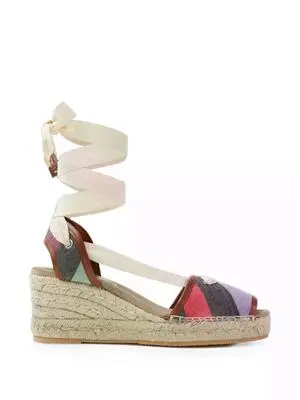 Versace Lola Striped Denim Wedge Sandals 65 Mm - Neutrals