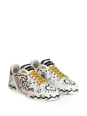 Dolce & Gabbana Hand-painted Calfskin Portofino Sneakers - White