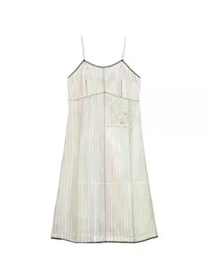 Prada Striped Midi Dress With Lace Trim And Bow Appliqu - Neutrals