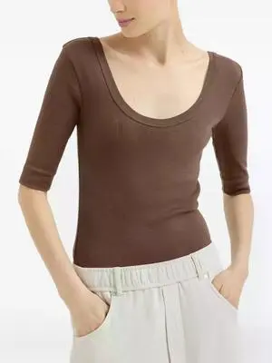 Brunello Cucinelli Stretch Cotton Ribbed Jersey T-shirt With Monili Decoration - Brown