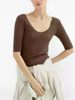 Brunello Cucinelli Stretch Cotton Ribbed Jersey T-shirt With Monili Decoration - Brown