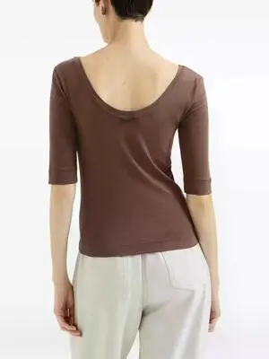 Brunello Cucinelli Stretch Cotton Ribbed Jersey T-shirt With Monili Decoration - Brown