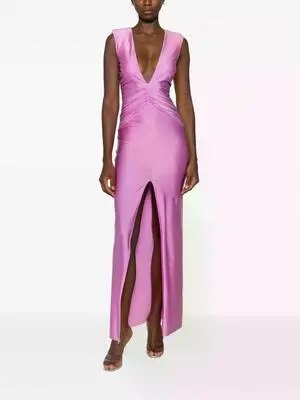 Amen Ruched V-neck Maxi Dress - Pink