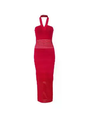 Balmain Halterneck Openwork Panel Maxi Dress - Red