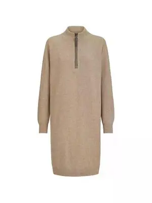 Brunello Cucinelli Virgin Wool, Cashmere And Silk Rib-knit Dress With Precious Half-zip - Neutrals