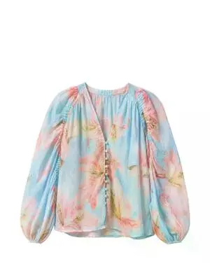 NEMA Floral-print Puffed-sleeve Blouse - Blue