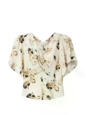 Isabel Marant Étoile Ecru Floral Print Wrap-effect Top - Neutrals