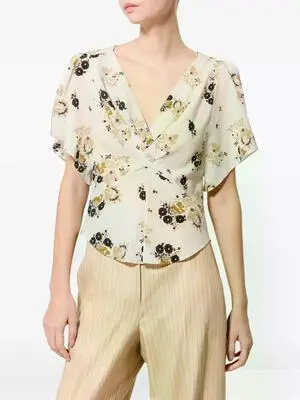 Isabel Marant Étoile Ecru Floral Print Wrap-effect Top - Neutrals
