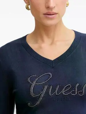 Guess Crystal Embellished Logo Print V-neck Sweater