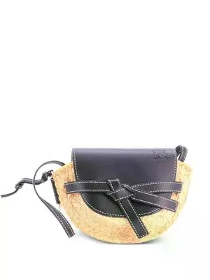 Loewe Gate Leather Shoulder Bag With Raffia - Black