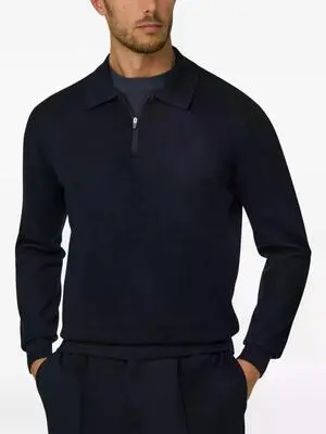 Boggi Milano Knitted Polo Shirt Quarter-zip Wool Blend Wooltech - Blue