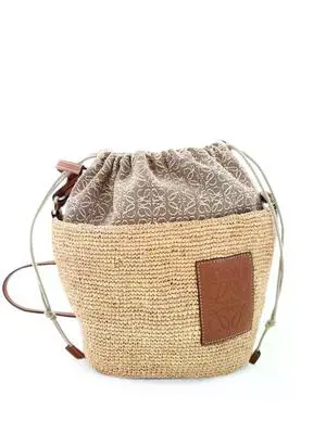Loewe Pochette Crossbody Bag Woven Raffia And Leather With Anagram Jacquard Bucket Bag - Brown