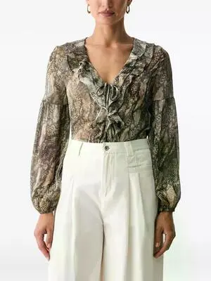Guess Ruffled Snake-print Blouse - Brown