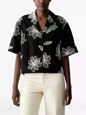 Sisley Floral-embroidered Short-sleeve Shirt - Black