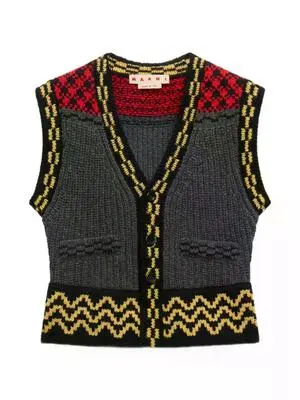 Marni Jacquard-knitted Geometric-trim Waistcoat - Grey