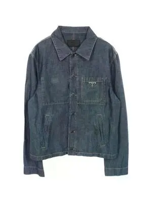 Prada Chambray Triangle Logo Denim Jacket - Blue