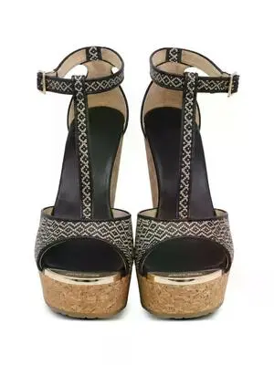 JIMMY CHOO Leather Geometric Print T-strap Wedge Sandals