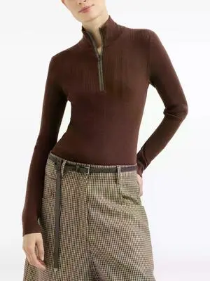 Brunello Cucinelli Virgin Wool And Cashmere Lightweight Ribbed Turtleneck Sweater With Precious Half-zip - Brown