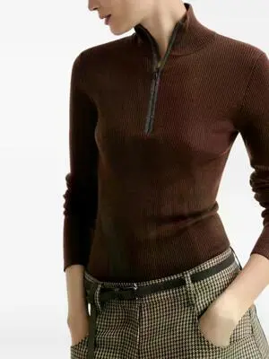 Brunello Cucinelli Virgin Wool And Cashmere Lightweight Ribbed Turtleneck Sweater With Precious Half-zip - Brown