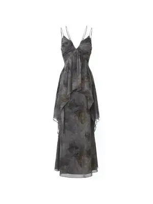ELYWOOD Ink-wash Shirred Layered Maxi Dress - Grey