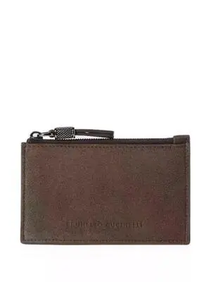 Brunello Cucinelli Suede Card Case With Shiny Zipper Pull - Brown