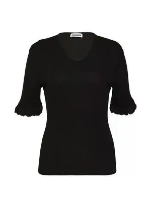 JIL SANDER Ruffled-cuff Ribbed Top - Black