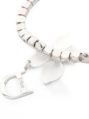 Dior Tone Rhinestone Embellished Logo Flower Choker - Silver