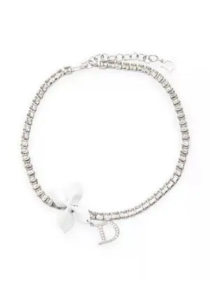 Dior Tone Rhinestone Embellished Logo Flower Choker - Silver