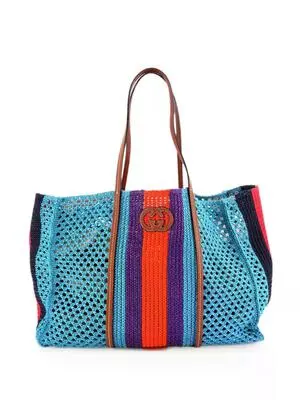 Gucci Interlocking G Web Raffia Medium Tote Bag - Multicolour