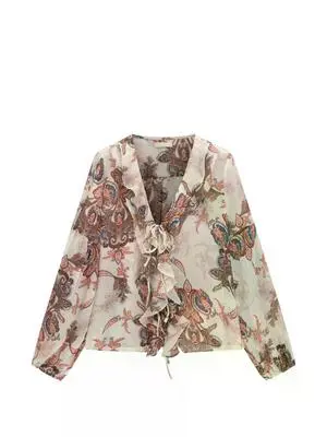 Guess Paisley-print Ruffled V-neck Blouse - Neutrals