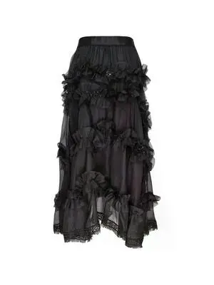 RENLI SU Ruffled-trim Silk Midi Skirt - Black