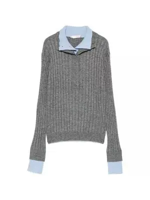ELEH Ribbed-knit Button-up Polo Top