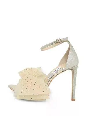 JIMMY CHOO Aveline Bow-detailed Glittered Sandals - Neutrals