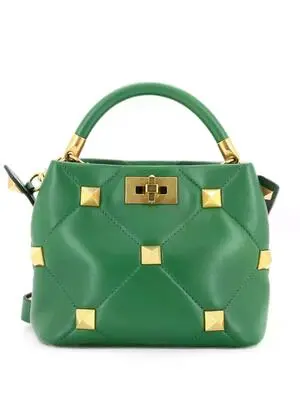 Valentino Garavani Roman Stud Top Handle Bag Quilted Leather Small Satchel - Green