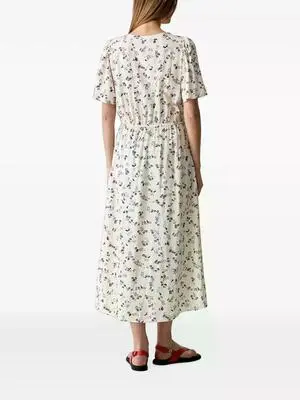 Marc O'polo Floral Print Midi Dress With V-neck And Drawstring Waist - Neutrals