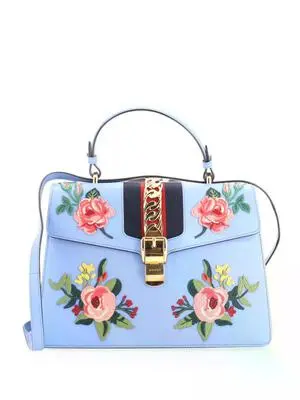 Gucci Sylvie Top Handle Bag Embroidered Leather Medium Satchel - Blue
