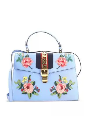 Gucci Sylvie Embroidered Leather Medium Satchel - Blue