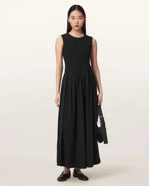 ALLSAINTS Luna Crinkle Cotton Midi Dress - Black