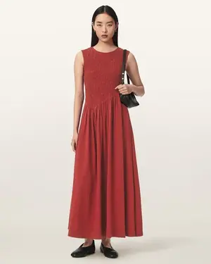 ALLSAINTS Luna Crinkle Cotton Midi Dress - Red