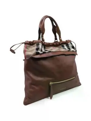 Burberry Leather Tote Bag With Check-pattern Trim - Brown