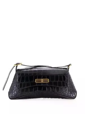 Balenciaga Xx Flap Street Shoulder Bag Crocodile Embossed Leather Small Hobo Bag - Black
