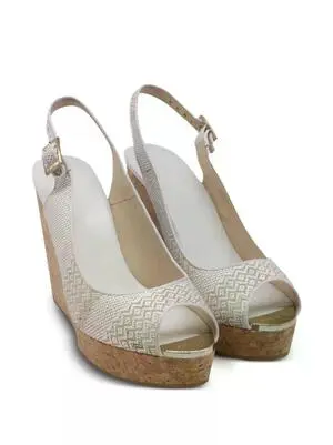 JIMMY CHOO Raffia Woven Peep-toe Slingback Wedge Sandals