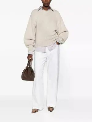 Khaite Ribbed Knit Balloon Sleeve Sweater - Neutrals