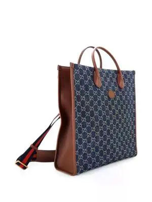 Gucci Interlocking G Patch Web Strap Convertible Gg Denim Tall Tote Bag