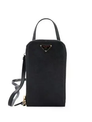 Prada Zip Phone Holder Saffiano Leather Crossbody Bag - Black