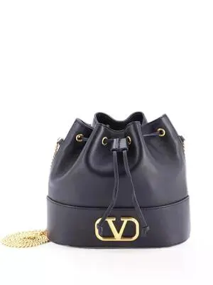 Valentino Garavani Vlogo Drawstring Pouch Leather Bucket Bag - Black