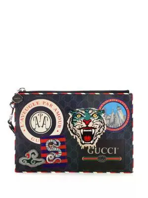 Gucci Night Courrier Pouch Gg Coated Canvas With Applique Clutch Bag - Black