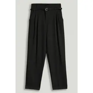 NOCTURNE Belted Pleat Front Tapered Trousers Black
